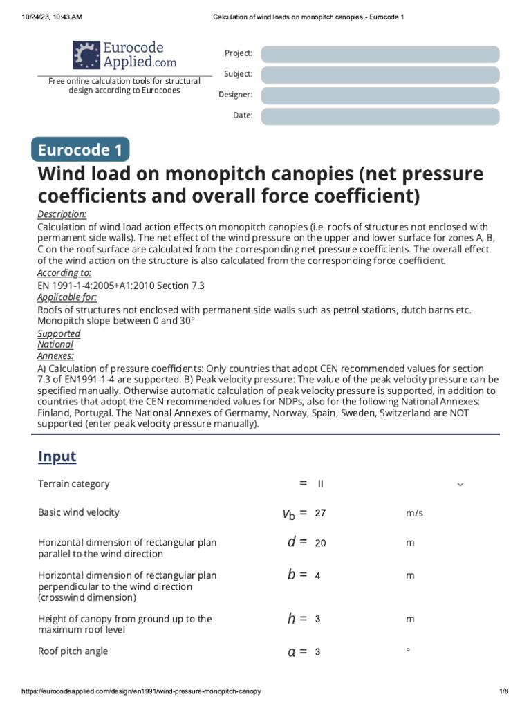 Calculation of Wind Loads On Monopitch Canopies - Eurocode 1 | PDF Calculation of Wind Loads On Monopitch Canopies - Eurocode 1 | PDF