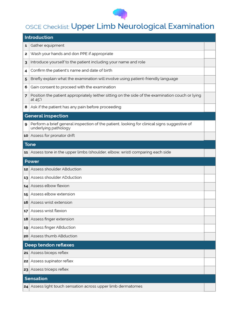 OSCE Checklist Upper Limb Neurological Examination | PDF OSCE Checklist Upper Limb Neurological Examination | PDF