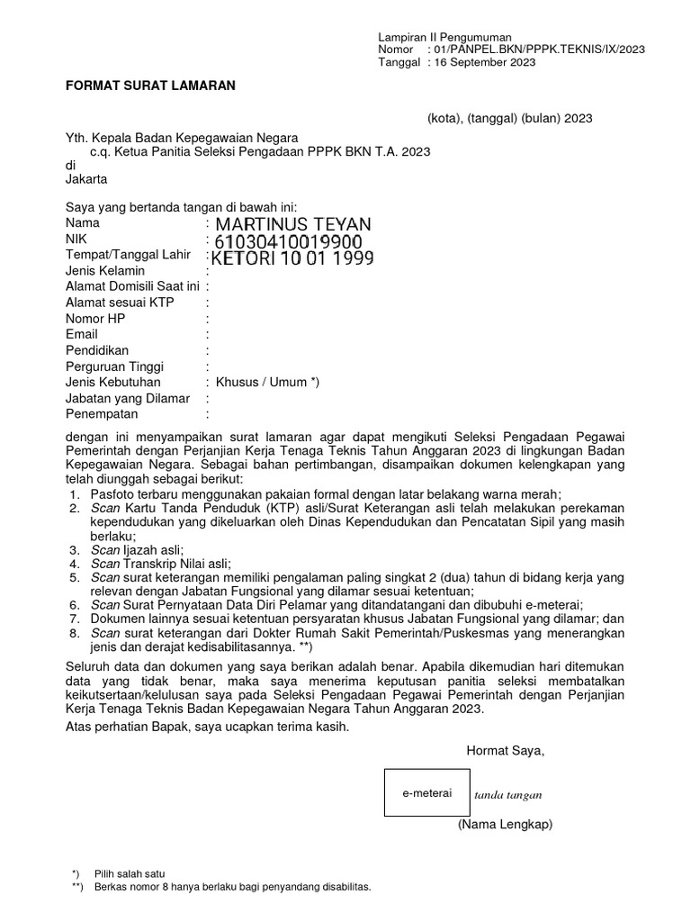 Surat Lamaran PPPK BKN 2023 | PDF