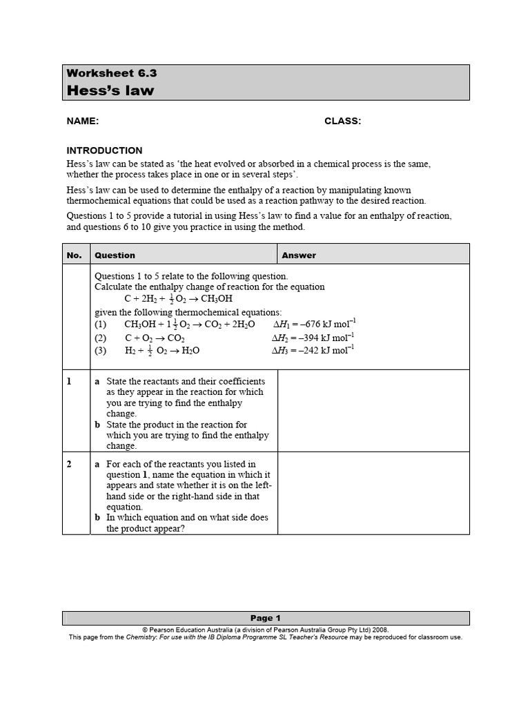 Worksheet - Hess's Law | PDF | Physical Chemistry | Physical Sciences