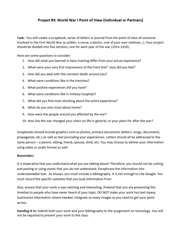 #3 World War I POV (Individual or Partners) | PDF | Learning ...
