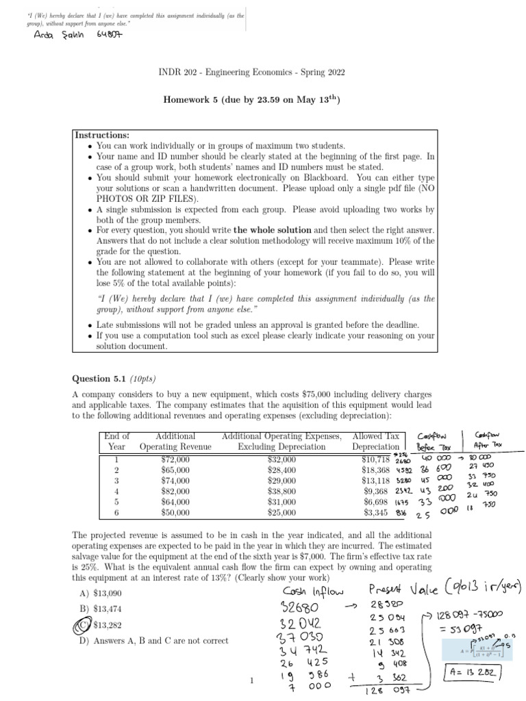 Indr 202 hw5 | Download Free PDF | Depreciation | Financial Capital