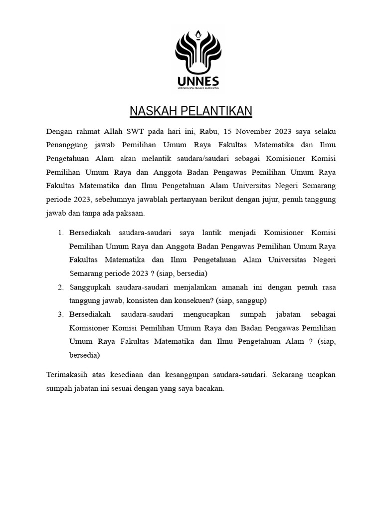 Naskah Pelantikan KPUR Dan Banwasra 2023 | PDF