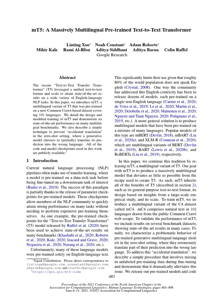 mt5 A Massively Multilingual Pre Trained Text To Text 9iojxtx56w | PDF | Information Science ...