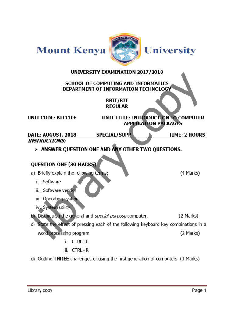 Introduction to Computer Applications Exam 2018 | PDF | Software ...