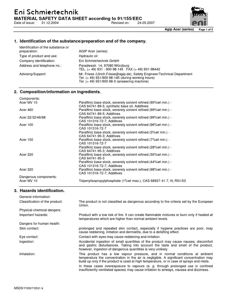 Acer MV 10 MSDS | PDF | Water | Chemistry