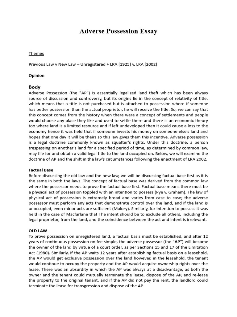 AP Essay | PDF | Leasehold Estate | Adverse Possession
