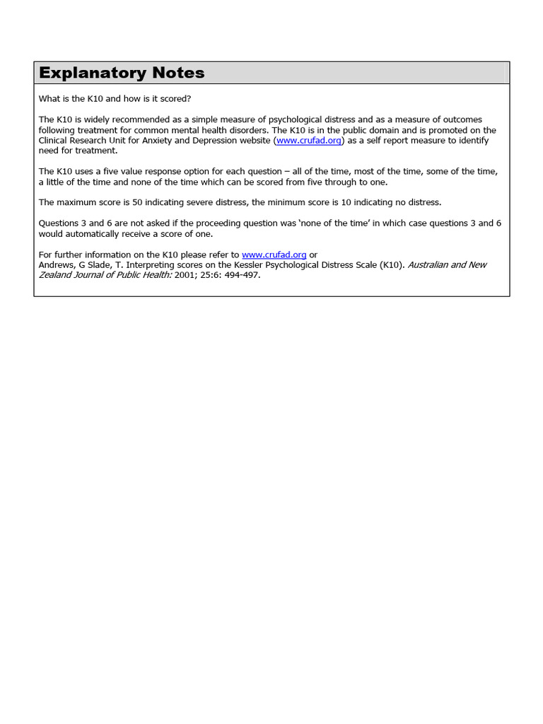 K10 Questionaire | Download Free PDF | Diseases And Disorders | Emotions