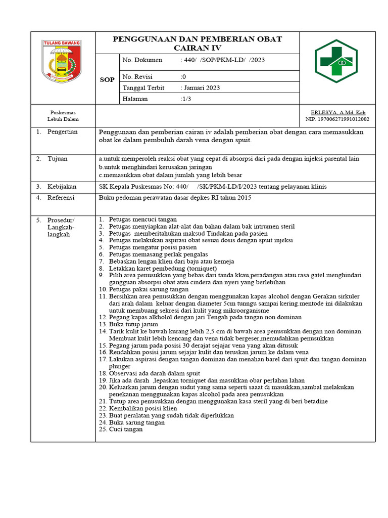 Sop Pemberian Obat Secara IV | PDF