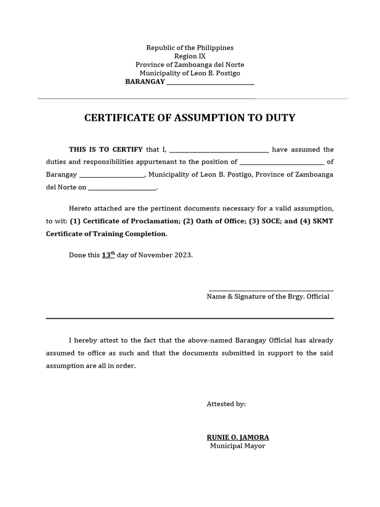 Certificate of Assumption to Duty | PDF