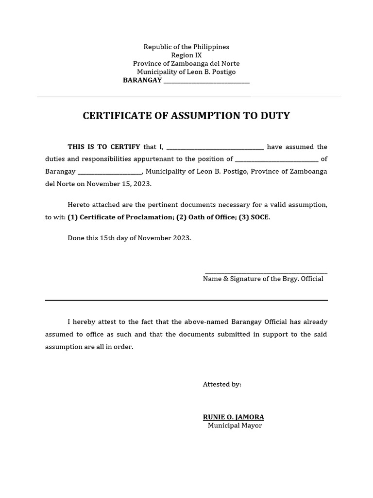 Certificate of Assumption To Duty | PDF