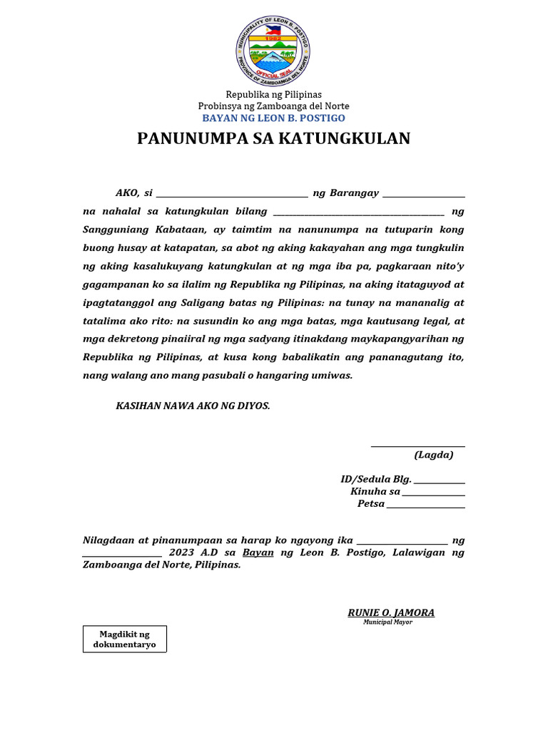 OATH of OFFICE Panunumpa Sa Katungkulan SK | PDF