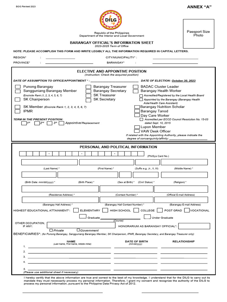 Barangay Official Information Sheet 2023-2025 | PDF