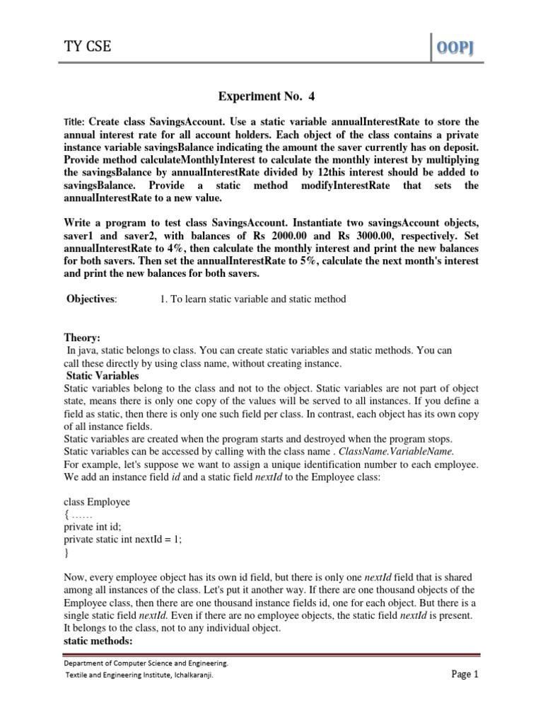 Exp 4 | Download Free PDF | Class (Computer Programming) | Method (Computer Programming)