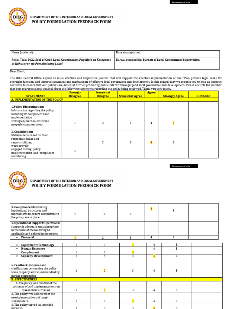 SGLG Feedback Form | PDF | Policy | Governance