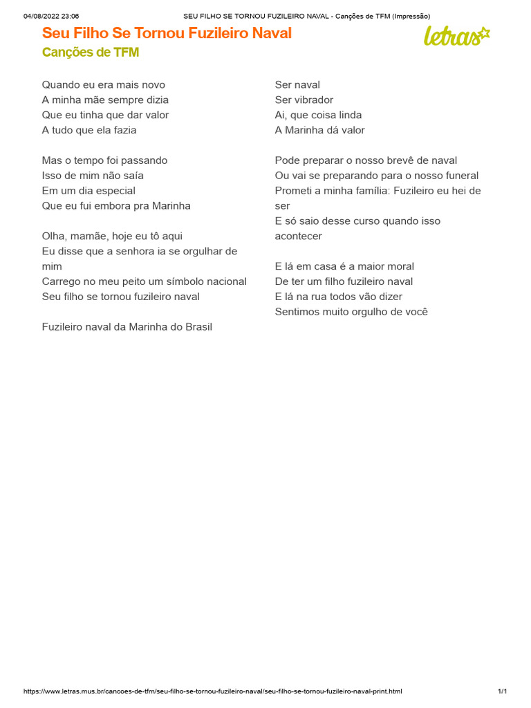 Seu Filho Se Tornou Fuzileiro Naval - Canções de TFM (Impressão) | PDF