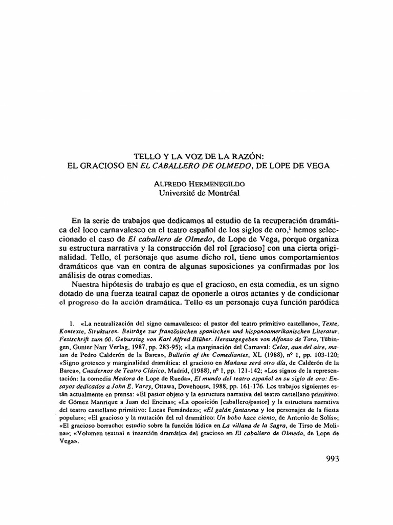 Tello y La Voz de La Razon El Gracioso en El Caballero de Olmedo de Lope de Vega | PDF | Teatro ...