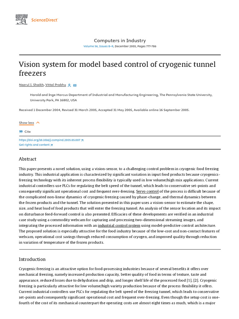 Vision System For Model Based Control of Cryogenic Tunnel Freezers | PDF | Refrigerator | Simulation