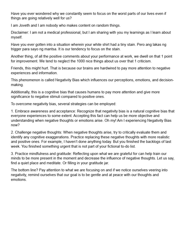 Negativity Bias | PDF | Thought | Experience