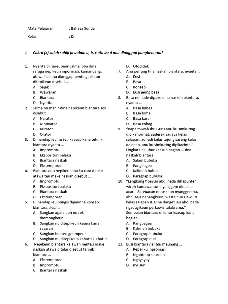 Soal Pas Bahasa Sunda Kelas 9 2022 | PDF
