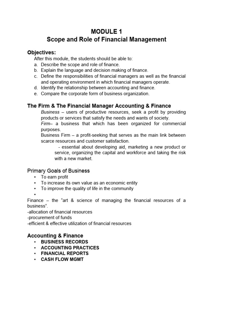 Module 1 Intro To Financial Management 1 | PDF | Bookkeeping | Business ...
