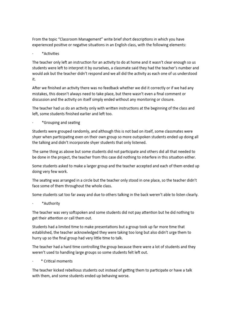 Classroom Management Reflective Report | PDF | Classroom Management ...