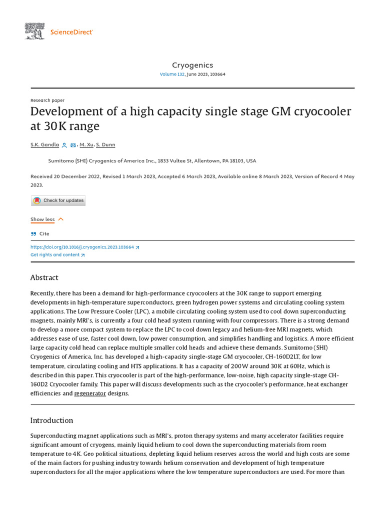 Development of A High Capacity Single Stage GM Cryocooler at 30K Range ...