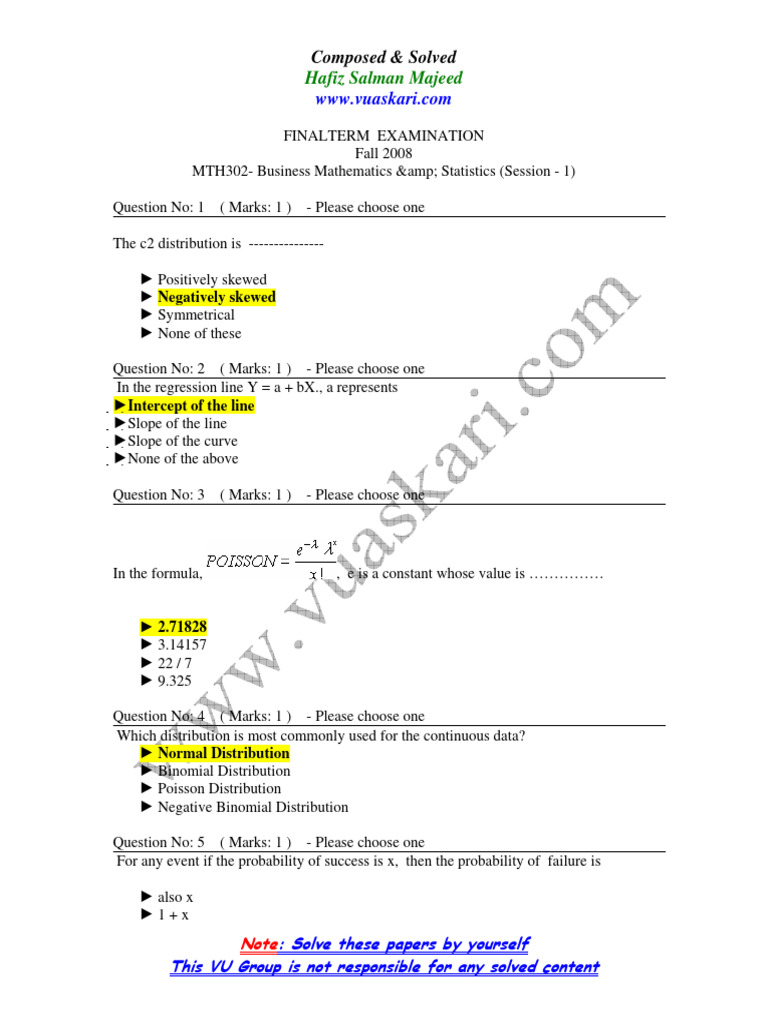 Business Mathematics & Statistics - MTH302 Fall 2008 Final Term Paper ...