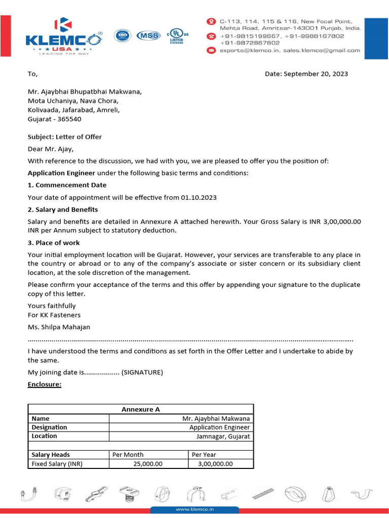 Offer Letter - Ajay Makwana | PDF