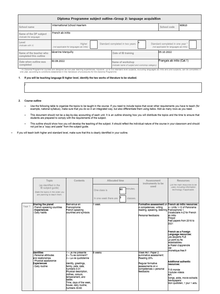 French Ab Initio Course Outline | PDF | Learning