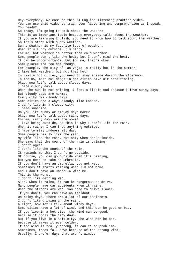 A1 English Listening: Weather Preferences | PDF | Storms | Weather