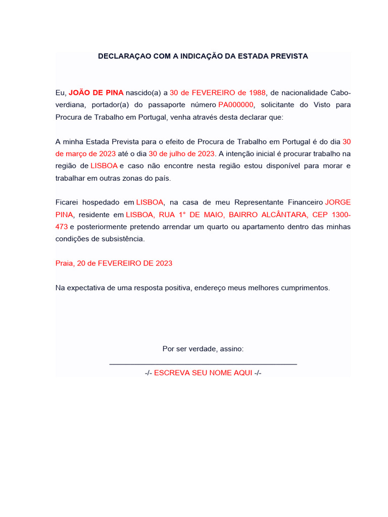 MODELO-DECLARAÇAO-COM-A-INDICAÇÃO-DA-ESTADA-PREVISTA | PDF