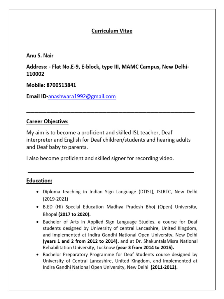 Anu__Curriculum Vitae_2022 (1) (1) | PDF | Sign Language | Human Communication