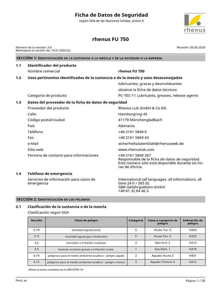 MSDS - Rhenus FU 750 05-05-2023 - E - ES | Descargar gratis PDF | Contaminación | Toxicidad