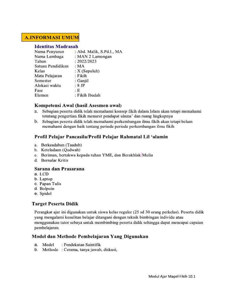 Modul Ajar Fikih Kelas 10 Bab 1 | PDF