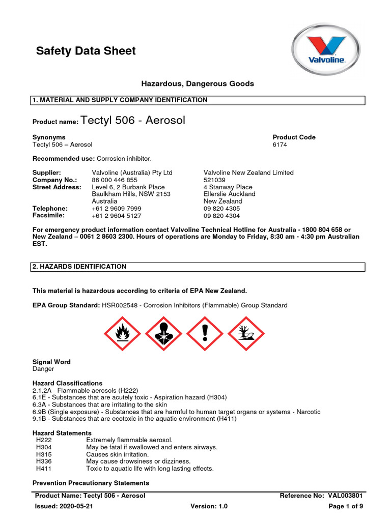 Tectyl 506 - Aerosol-SDS NZ | PDF | Dangerous Goods | Toxicity