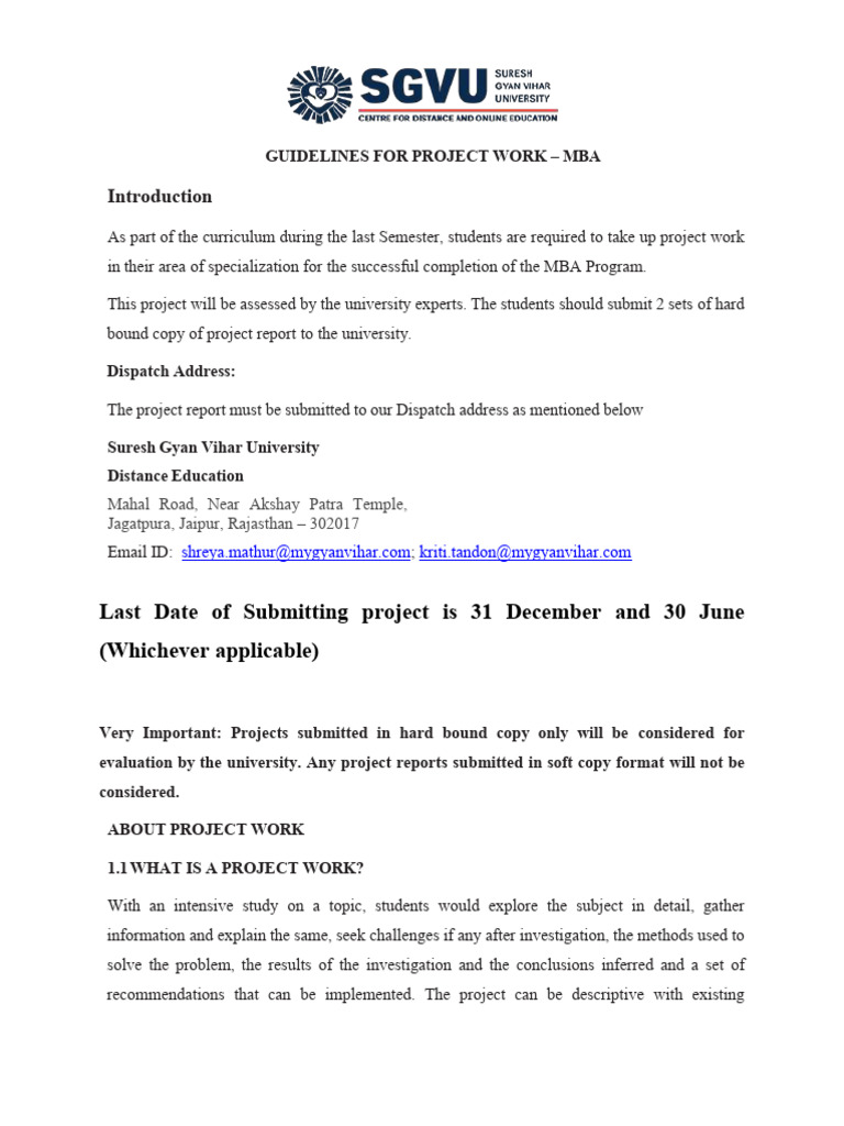 Mba - Guidelines For Project Work - Sgvu | Download Free PDF | Cognition