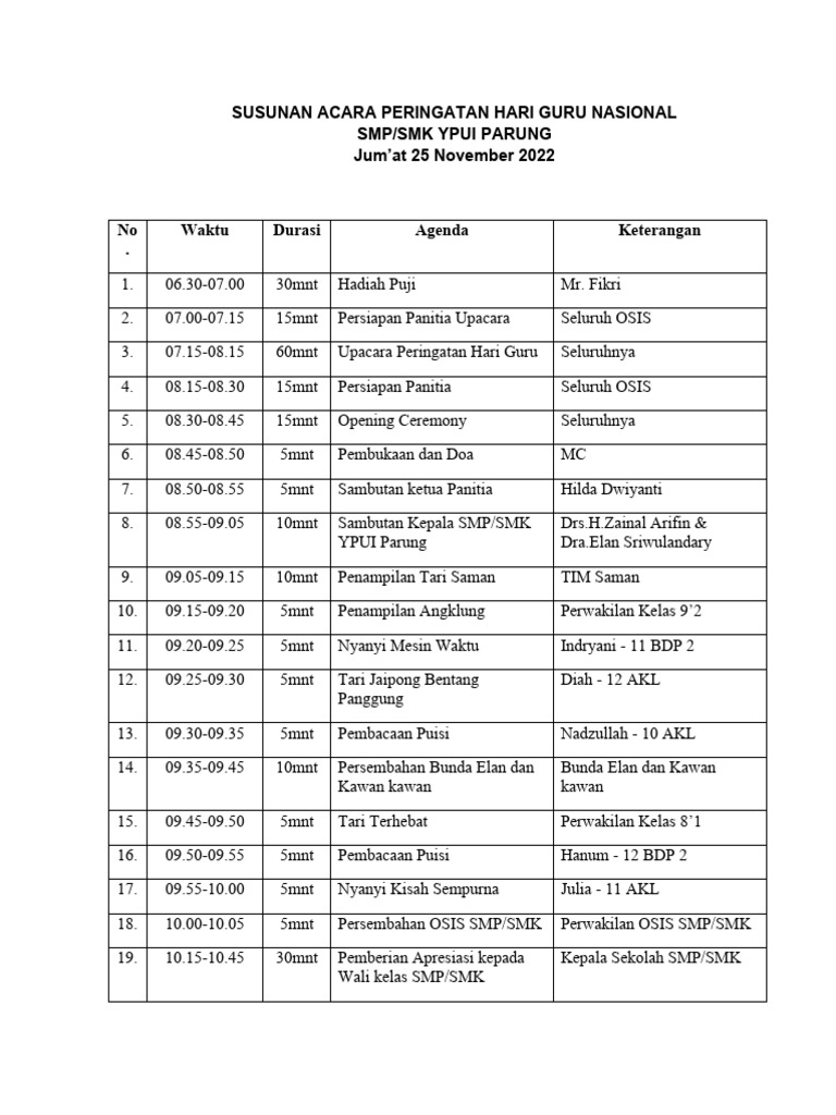 Susunan Acara Peringatan Hari Guru Nasional | PDF | Seni & Disiplin Bahasa