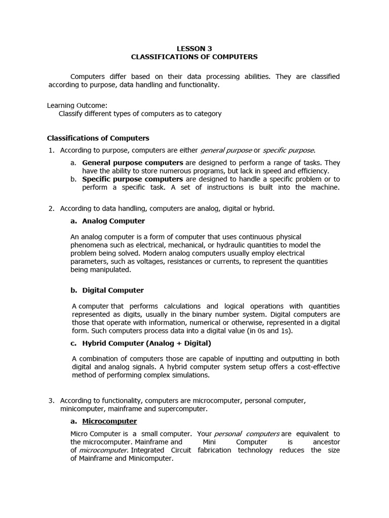 Module 3 Lesson 3 Classifications Of Computers Pdf Computer Data Storage Microcomputers 7646
