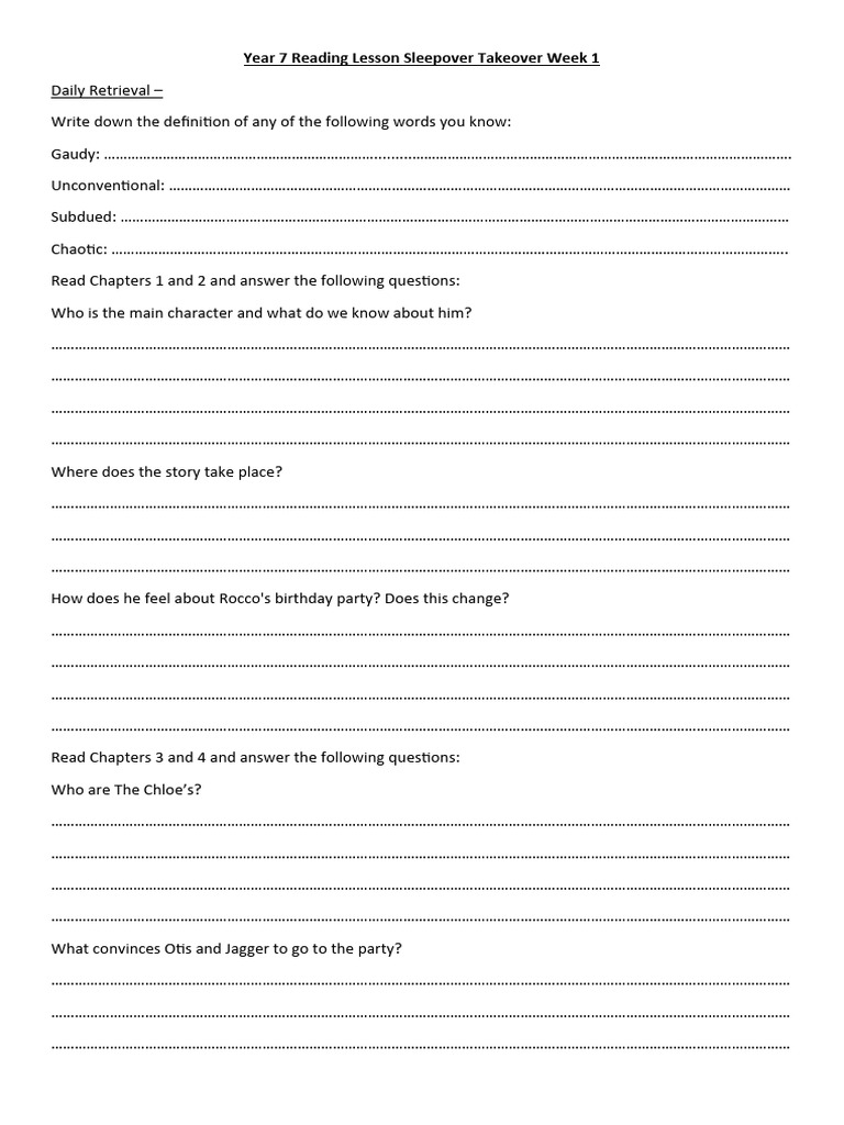 Year 7 Reading Lesson Week 1 Sleepover Takeover | PDF | Games ...