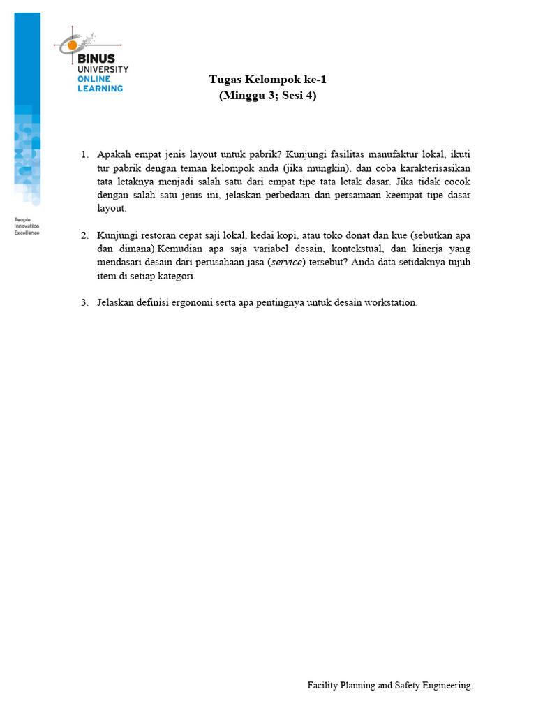 Tugas Kelompok Ke-1 (Minggu 3 Sesi 4) : Facility Planning and Safety Engineering | PDF