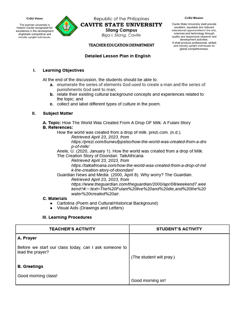 Fulani Creation Story Lesson Plan | PDF | Lesson Plan | Poetry