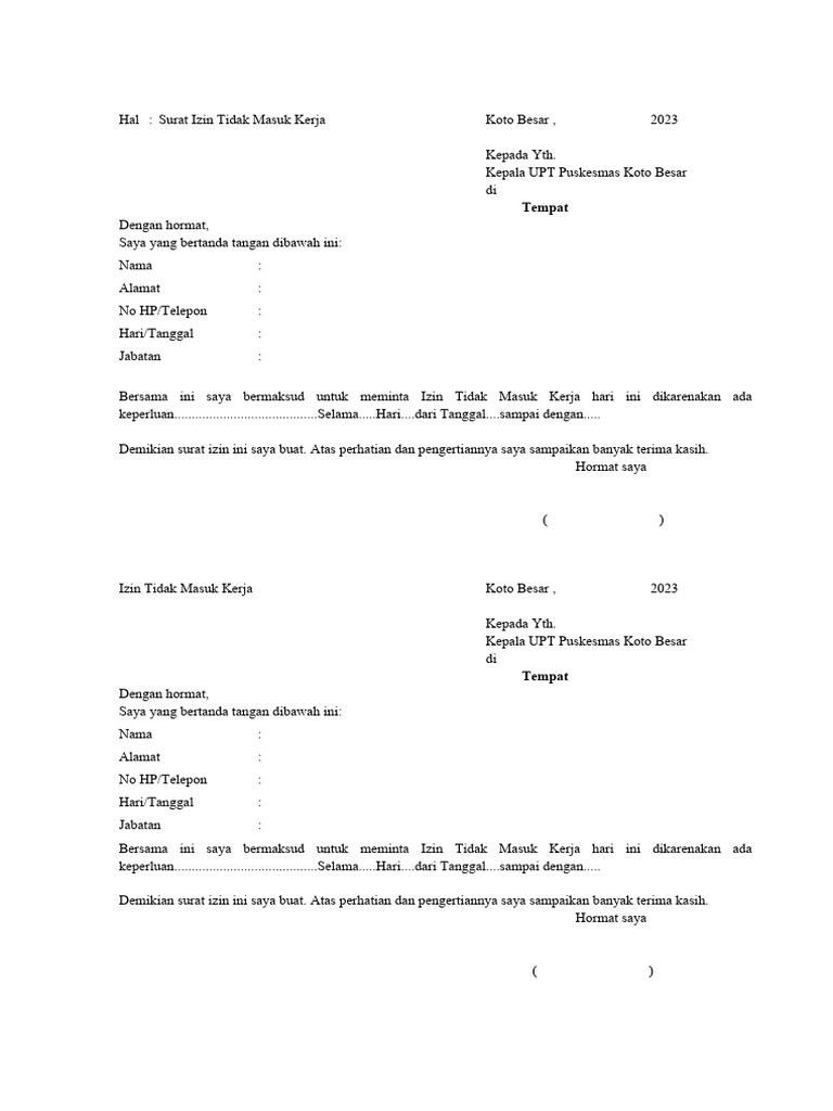 Surat Ijin Tidak Masuk Kerja | PDF
