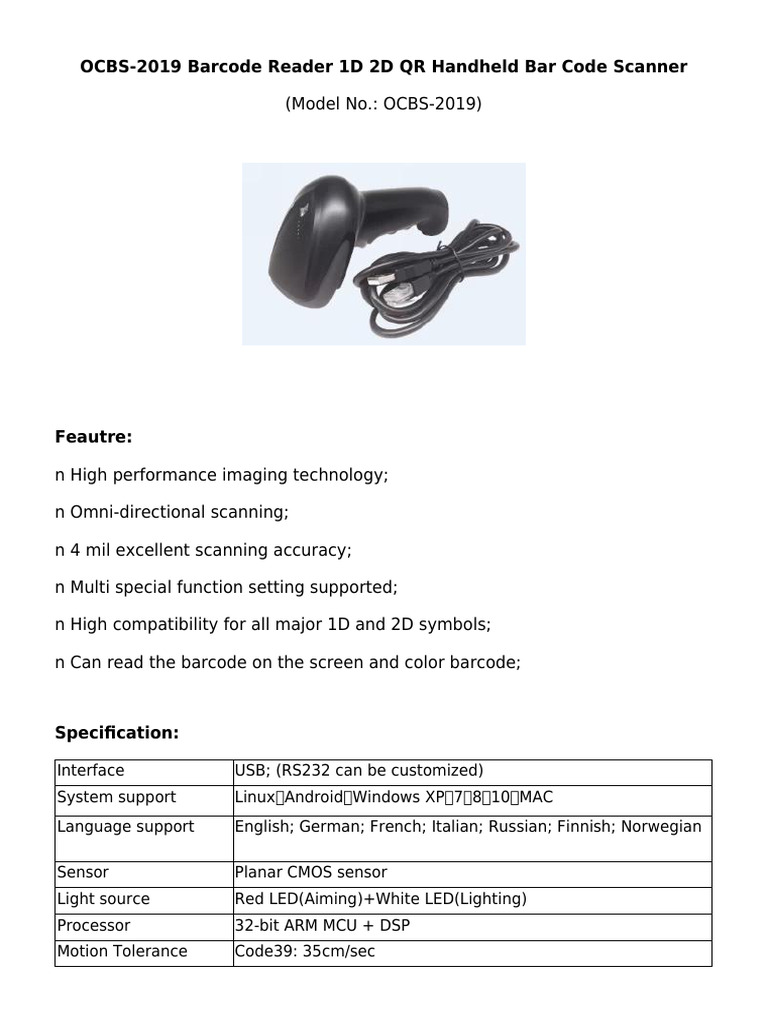 OCBS 2019 Barcode Reader 1D 2D QR Handheld Bar Code Scanner | PDF ...