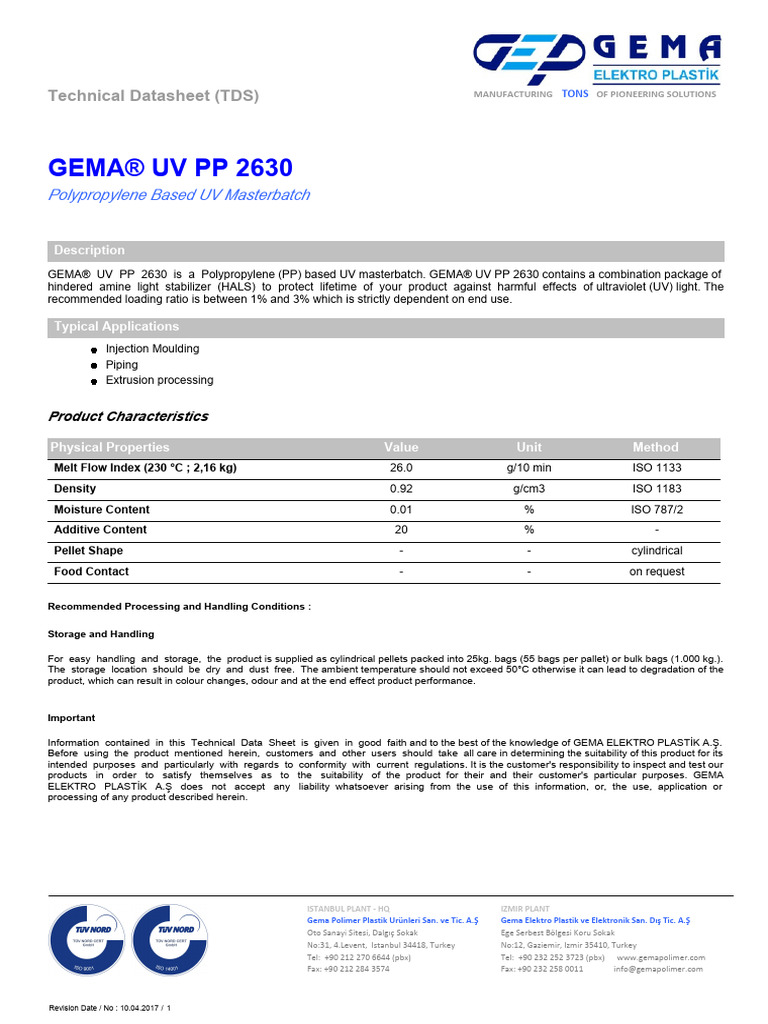 Gema Uv PP 2630 - TDS | PDF | Plastic | Ultraviolet
