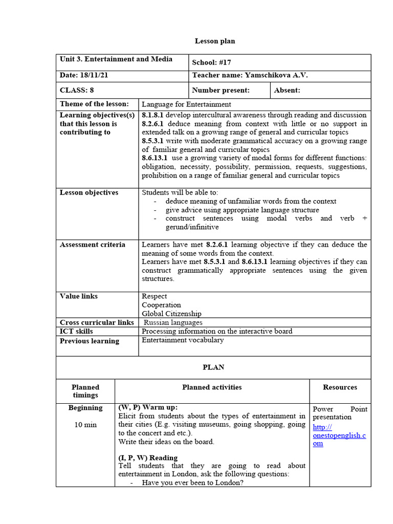 8th Grade Lesson Plan: Entertainment Unit | PDF | Learning | Cognitive ...