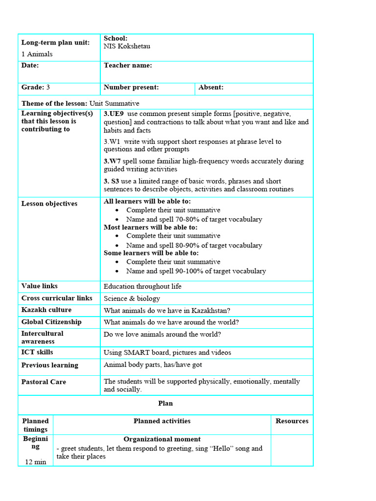 English Grade 3 Unit 1 Animals Unit Summative LESSON PLAN | PDF ...