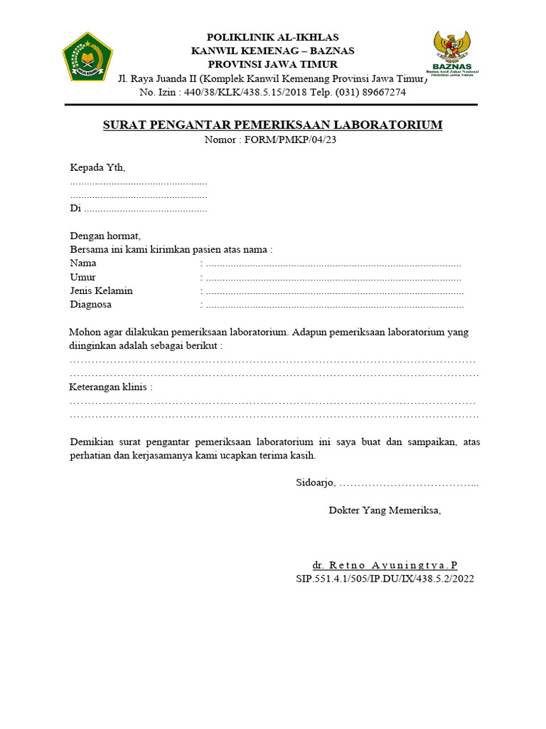 FORM Surat Pengantar Laboratorium | PDF