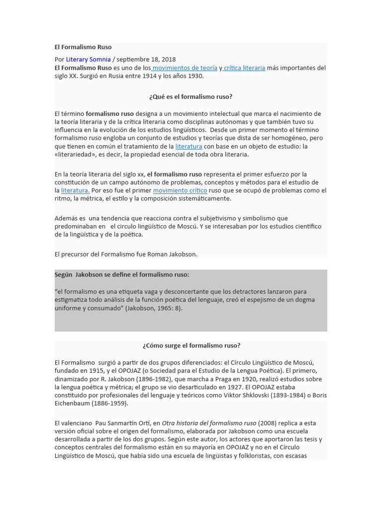 El Formalismo Ruso | PDF | Clásicos