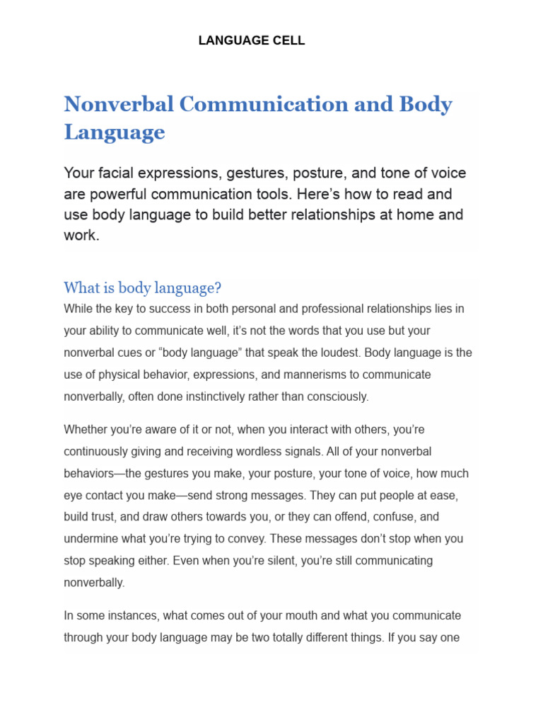The Silent Language - Body Language | PDF | Body Language | Nonverbal ...